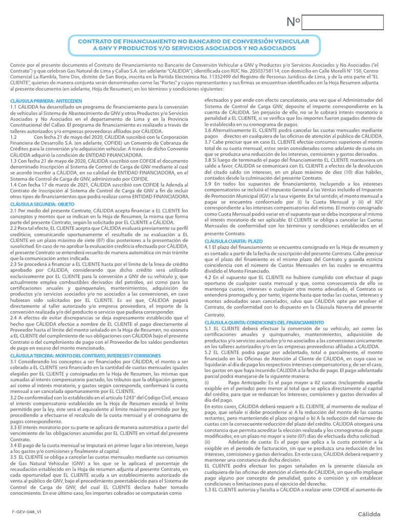 Contrato de Financiamiento GNV Vehicular | PDF | Pagos | Crédito