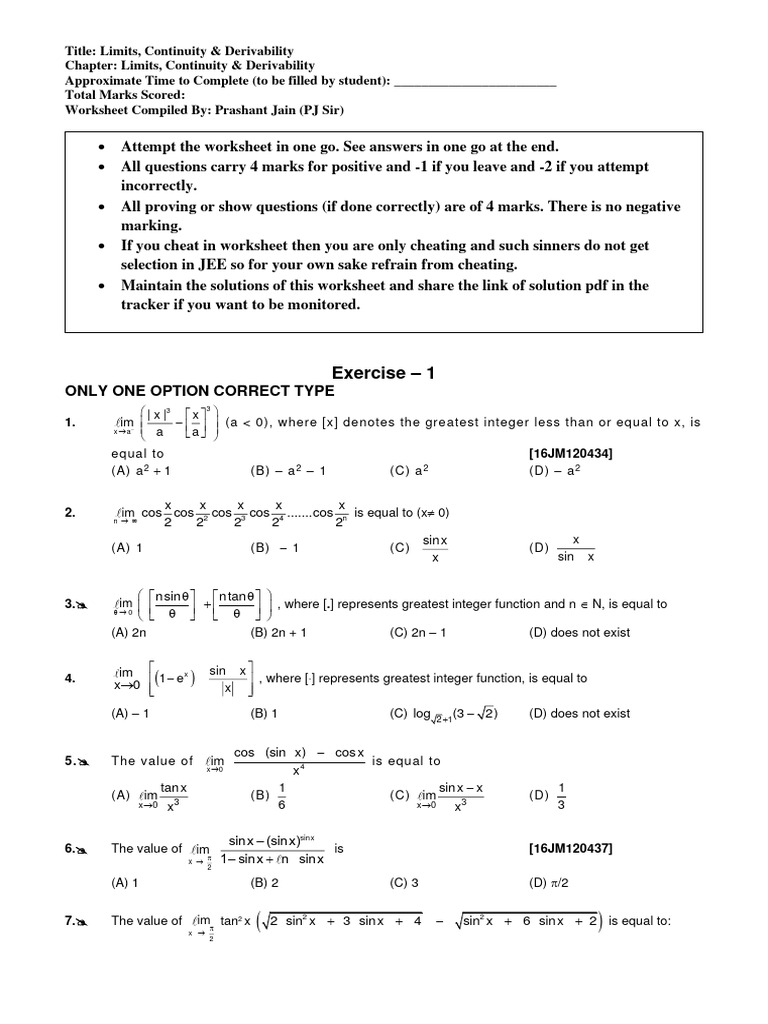 Limits and Continuity Worksheet | PDF | Equations | Mathematical Objects