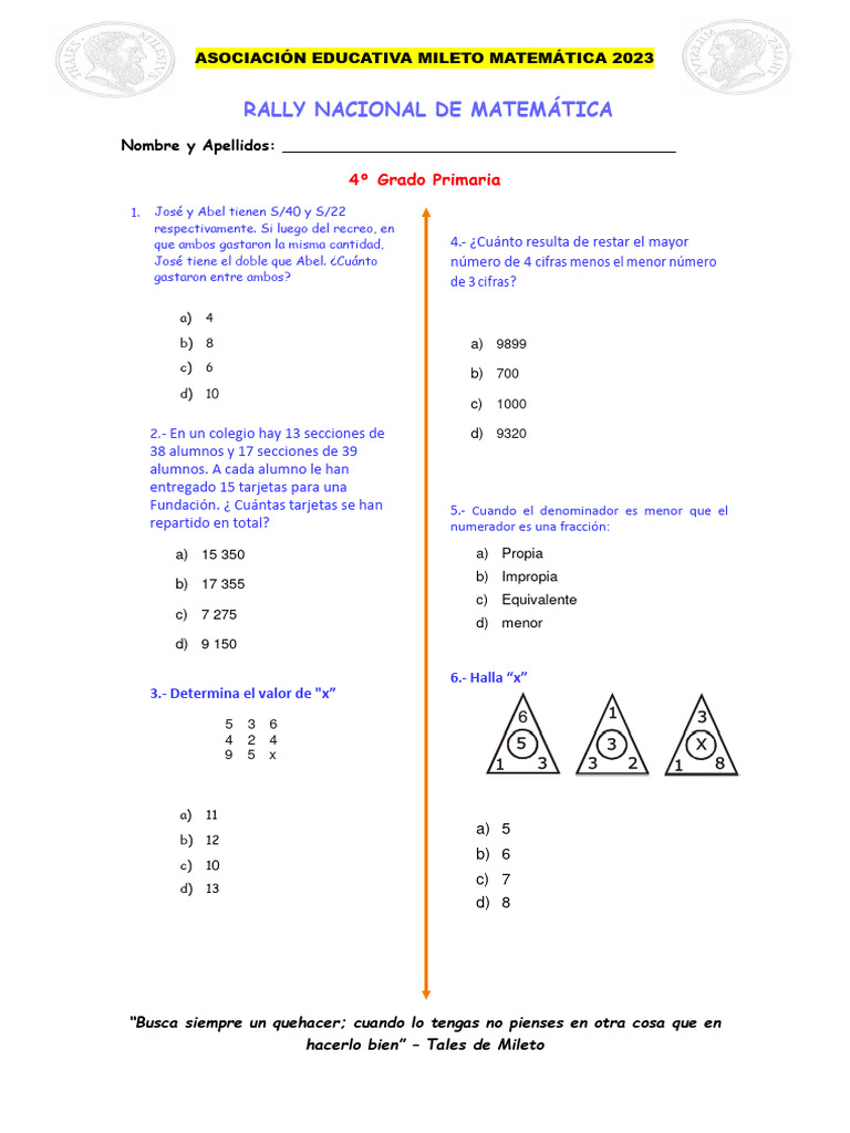 4° Grado Matemática | PDF