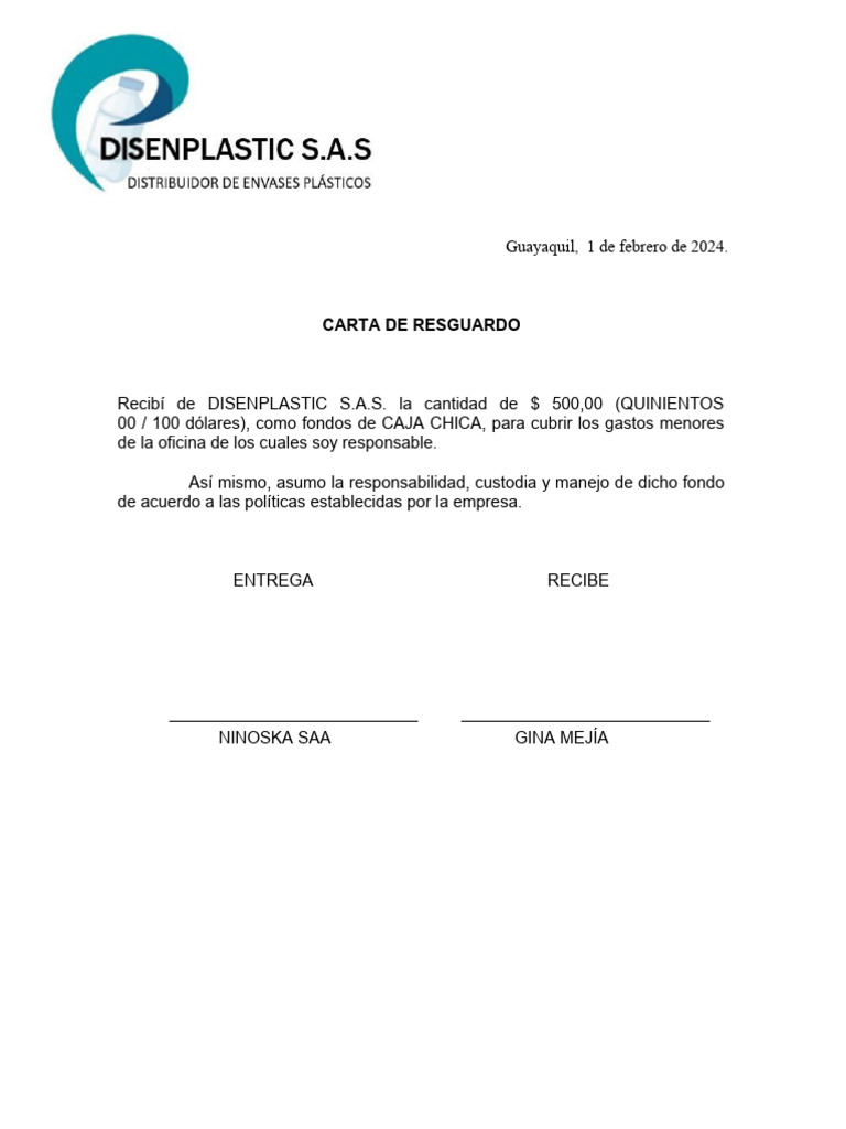 CARTA DE RESGUARDO DE CAJA CHICA | PDF