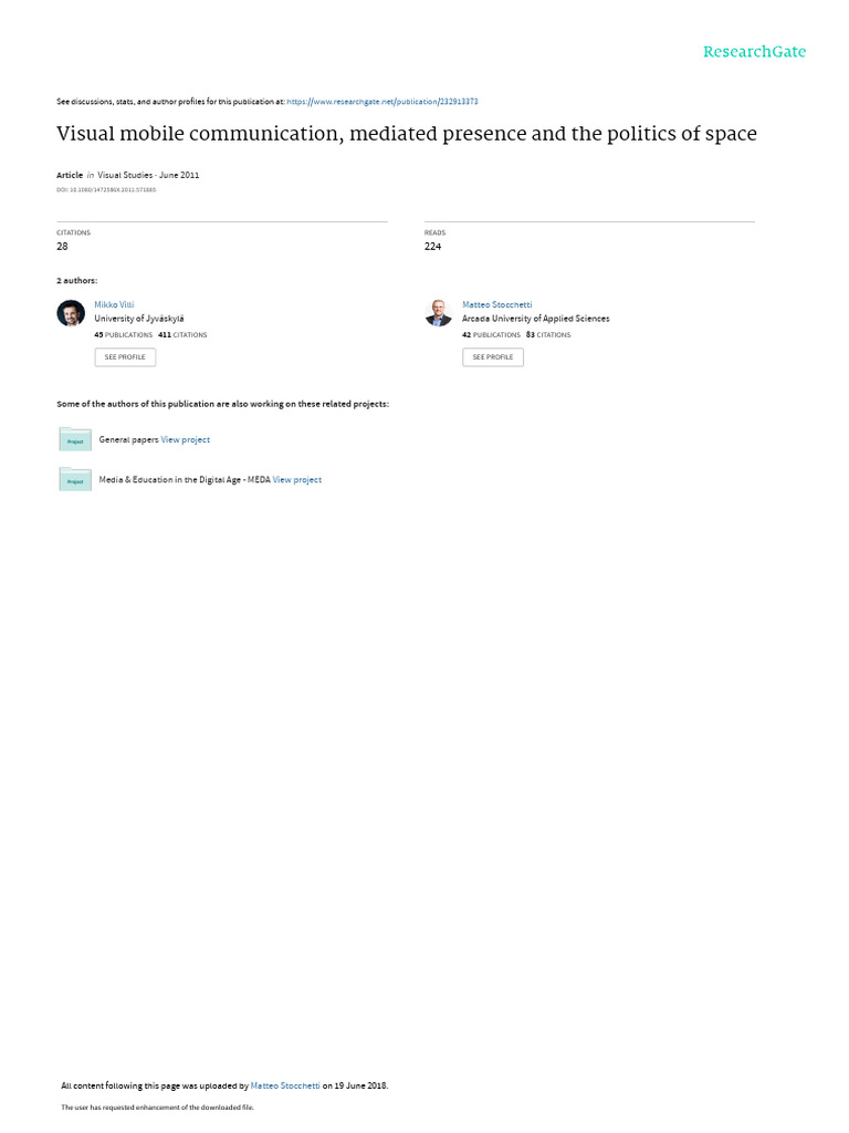 Visual Mobile Communication Mediated Pre | PDF | Communication | Space