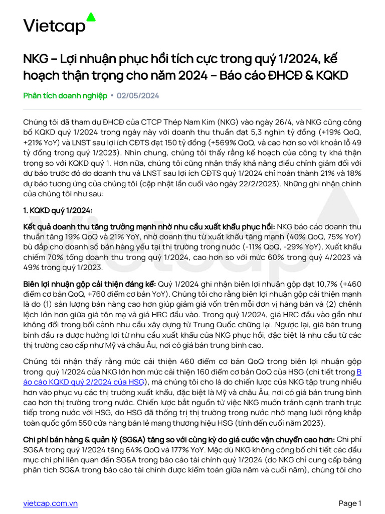 NKG Loi Nhuan Phuc Hoi Tich Cuc Trong Quy 1 2024 Ke Hoach Than Trong Cho Nam 2024 Bao Cao DHCD ...