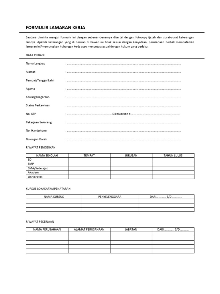 Formulir Lamaran Kerja Lengkap | PDF | Karier & Perkembangan