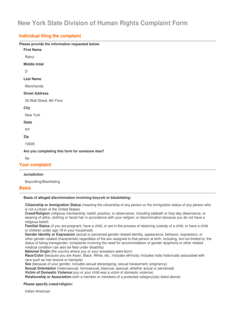 New York State Division of Human Rights Complaint Form - 07032024 ...