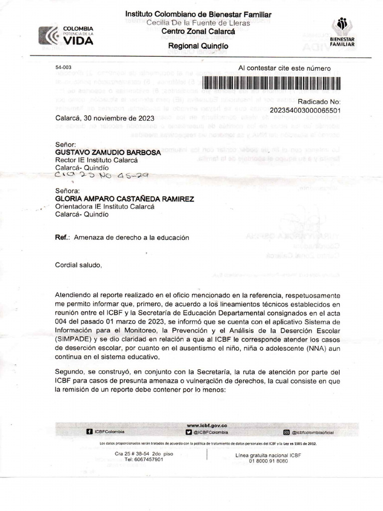 Oficio Icbf para Orientadora | PDF