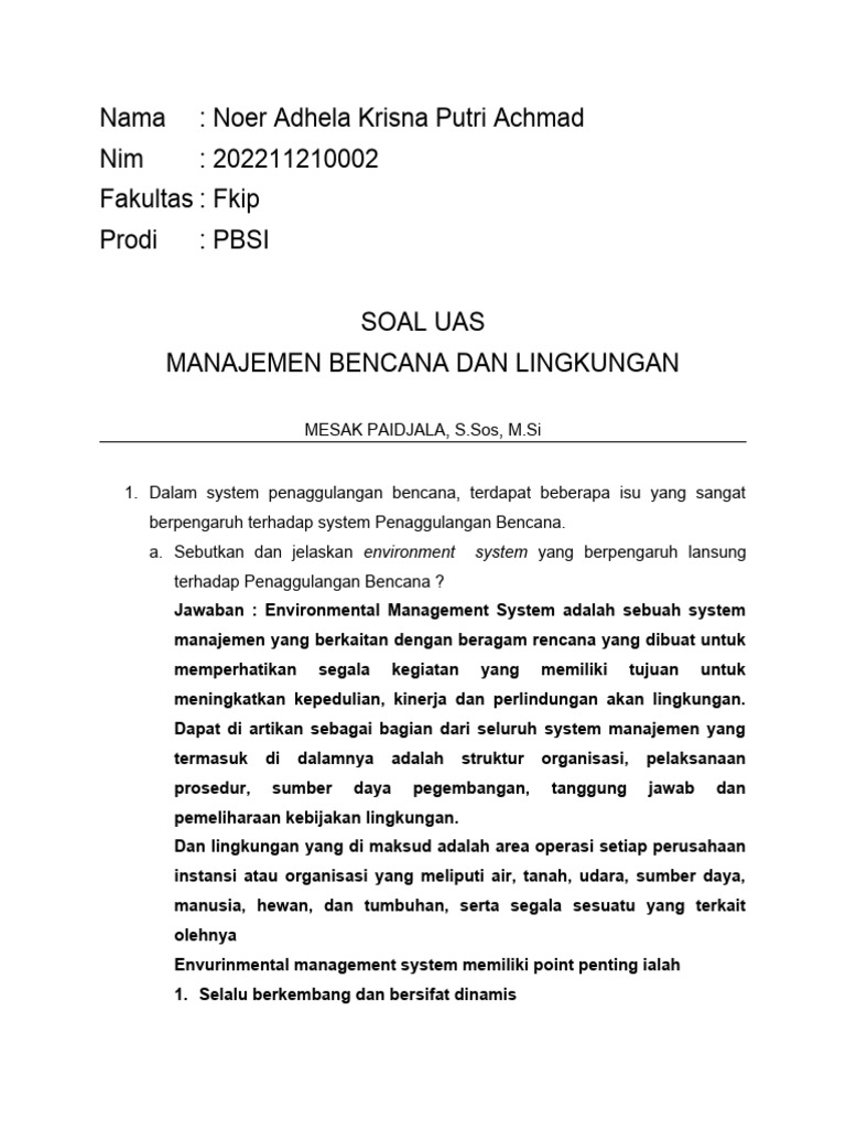 Uas Manajement Bencana Noer Adhela Krisna Putri Achmad 202211210002 Fkip | PDF