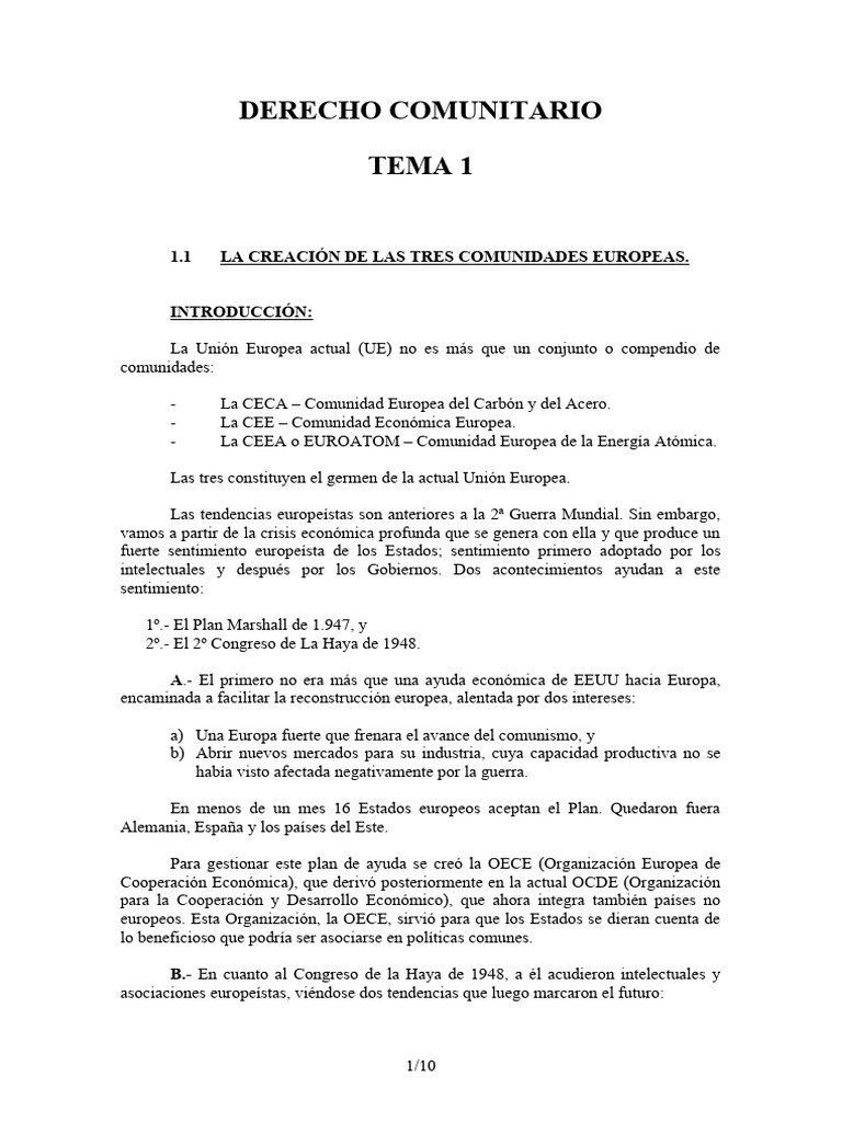 Derecho Comunitario-tema 1 | Descargar gratis PDF | Comunidad Económica Europea | Unión Europea