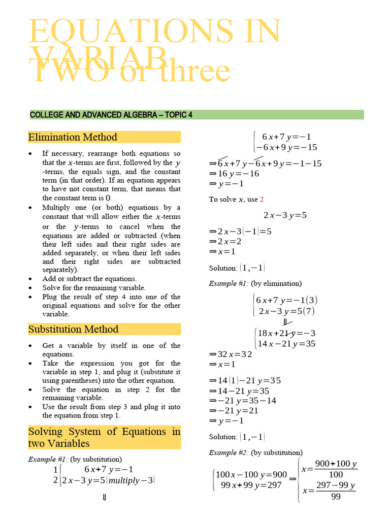 Topic 5 (Equations in Two or Three Variables) | PDF | Equations ...