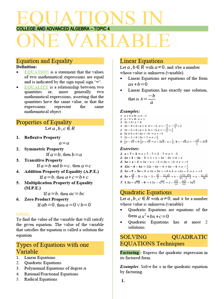 Topic 4 (Equations in One Variable) | PDF | Equations | Quadratic Equation