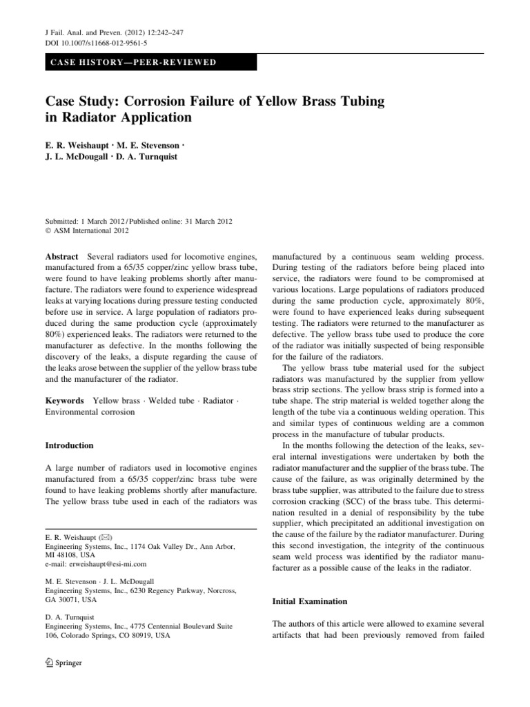 Case Study - Corrosion Failure of Yellow Brass Tubing in Radiator Application (Journal of ...