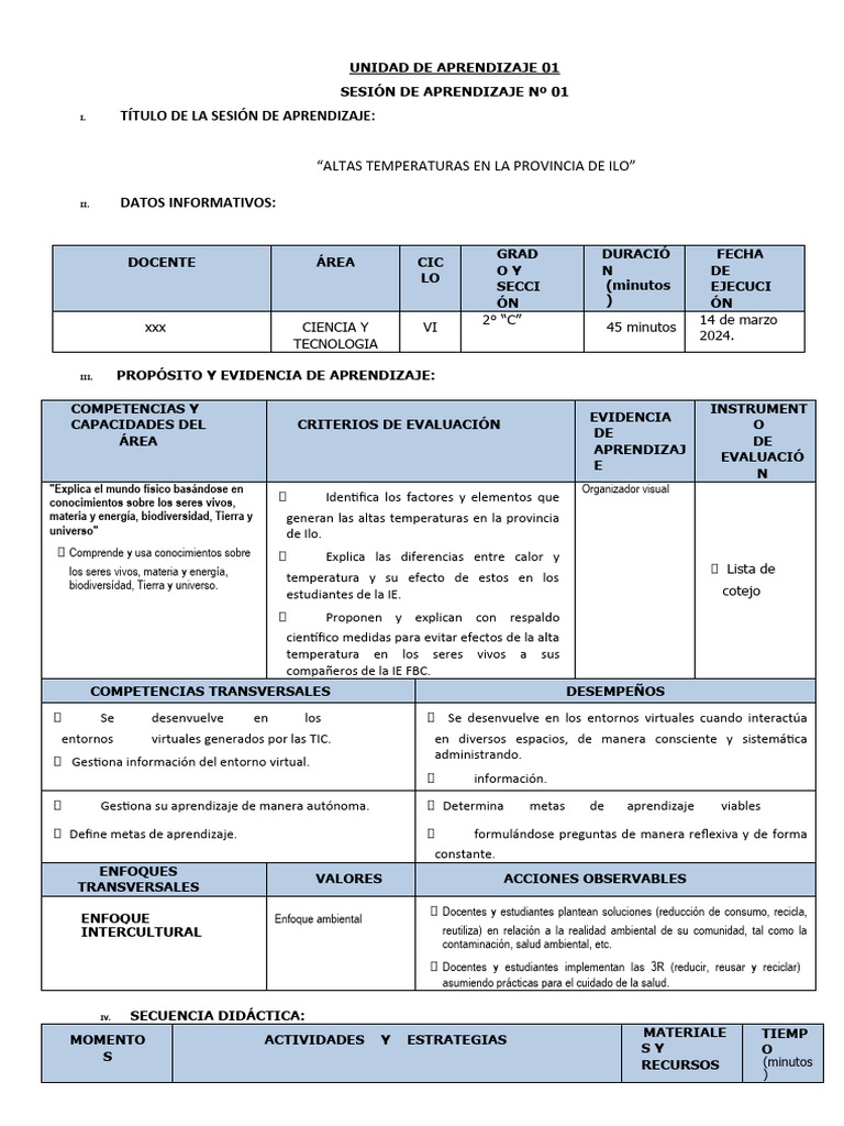 Sesión de Aprendizaje 2024 | PDF | Aprendizaje | Enseñando