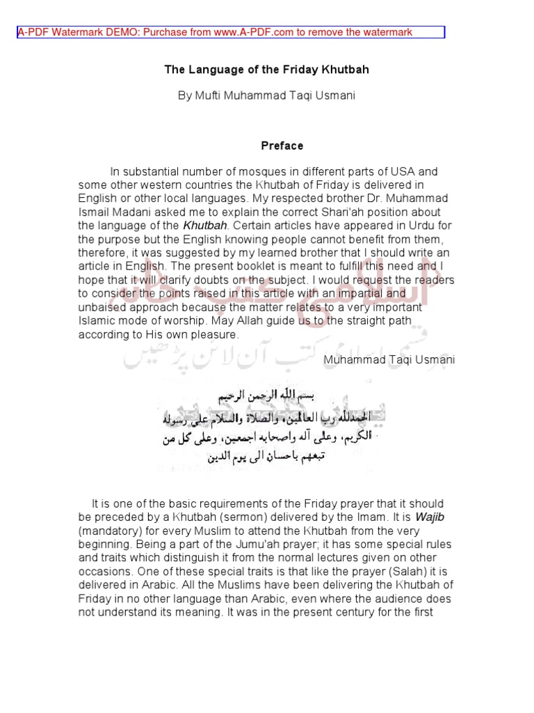 The Language of The Friday Khutbah by Sheikh Muhammad Taqi Usmani | PDF ...