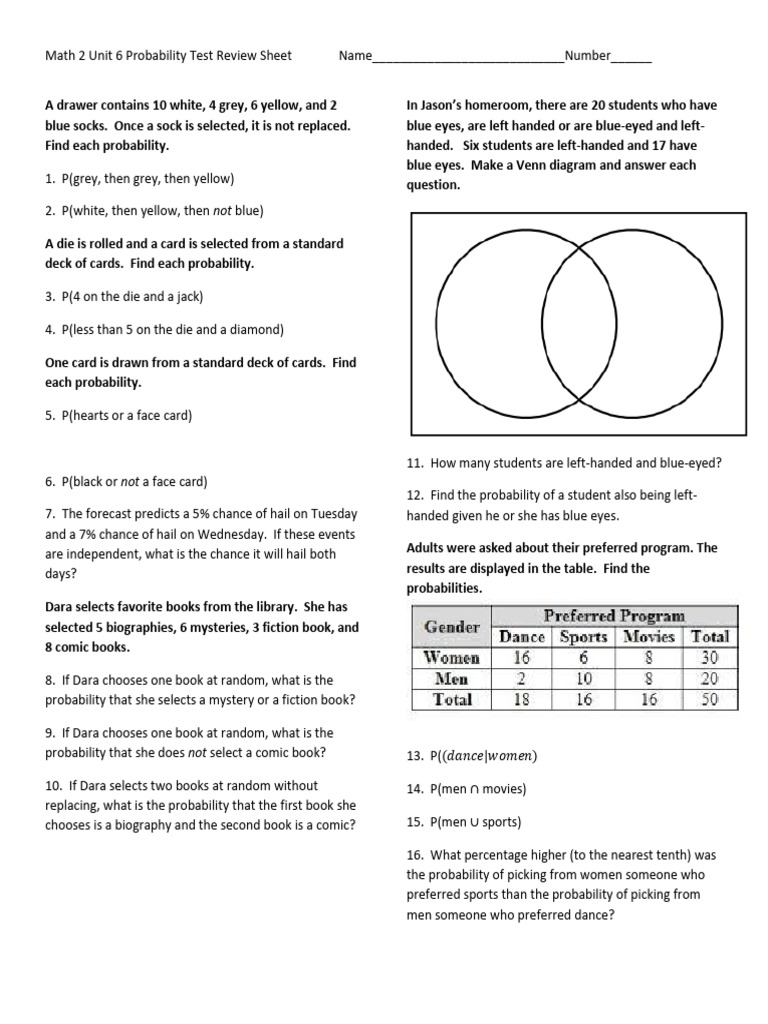 Math 2 Prob Test Review Sheet | PDF