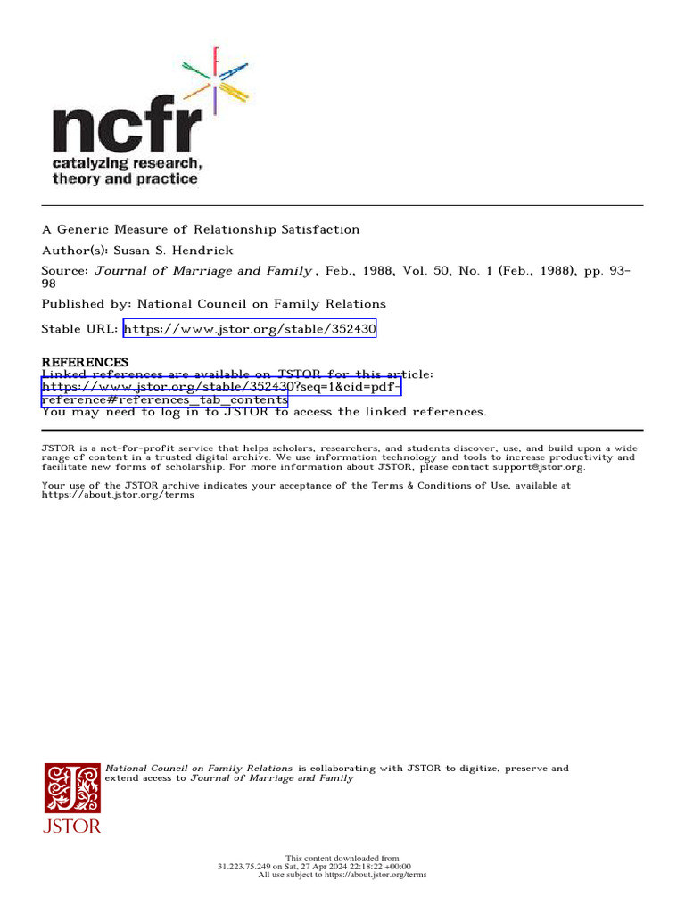 Hendrick GenericMeasureRelationship 1988 | PDF | Psychology | Social Psychology