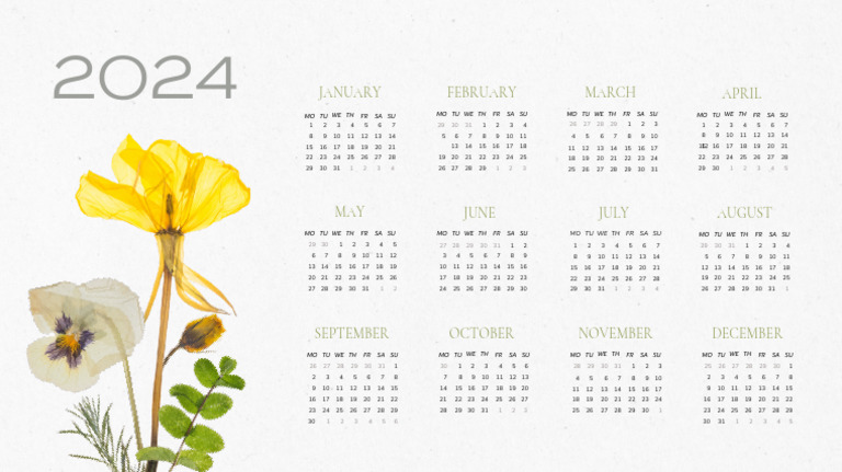 Clean Floral Minimalist 2024 Yearly Calendar | PDF