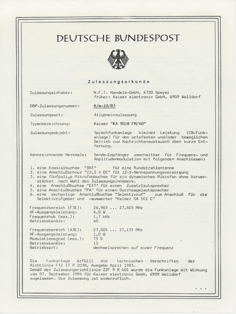 Kaiser KA 9018 FM Zulassung 88 | PDF