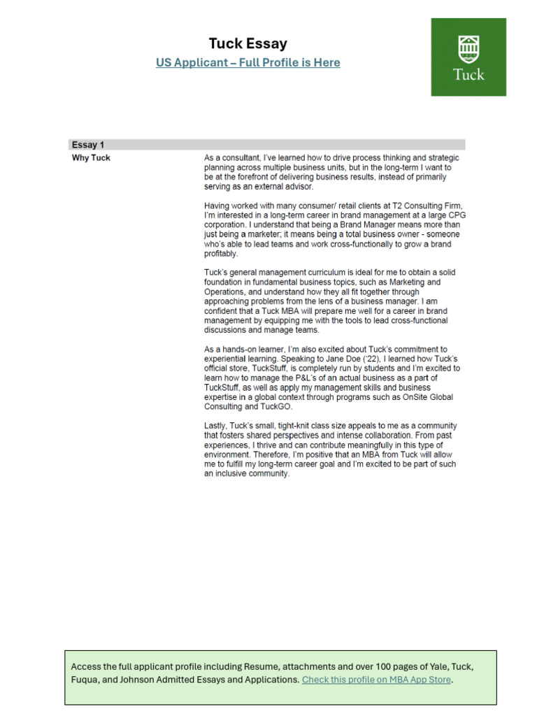 Tuck Real Essay - US Applicant | PDF