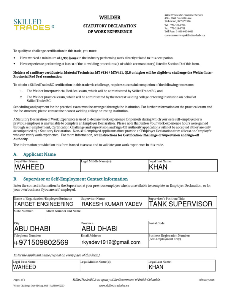 Welder Work Experience Declaration Form | PDF | Welding | Construction