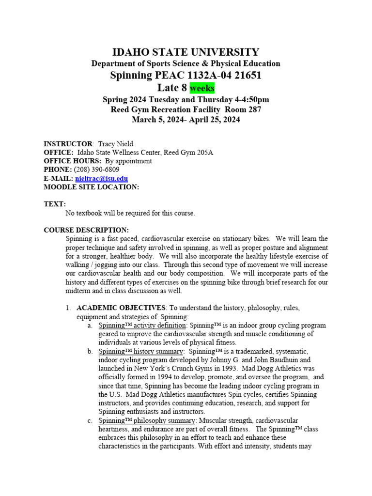 PEAC Spinning Syllabus T and TH 8 Weeks | PDF | Physical Fitness