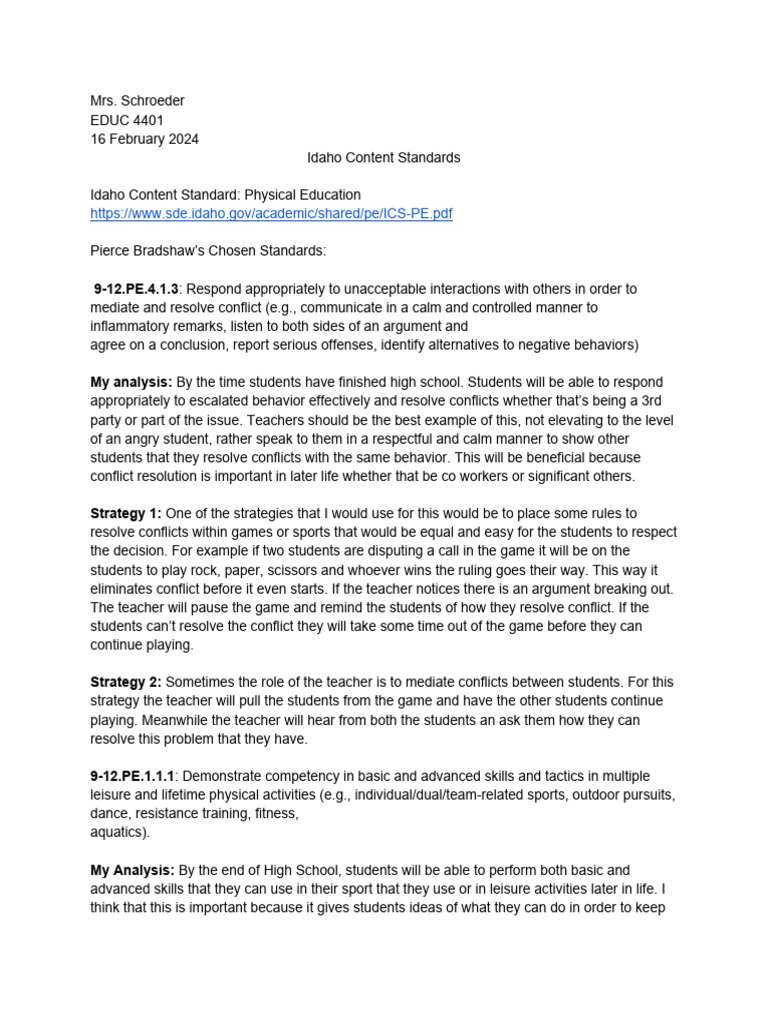 Idaho Content Standards Assignment - Physical Education | PDF ...