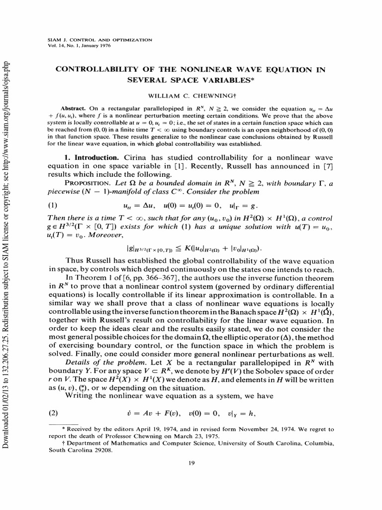 W.chewning - Controllability of The Nonlinear Wave Equation in Several Space Variables | PDF ...
