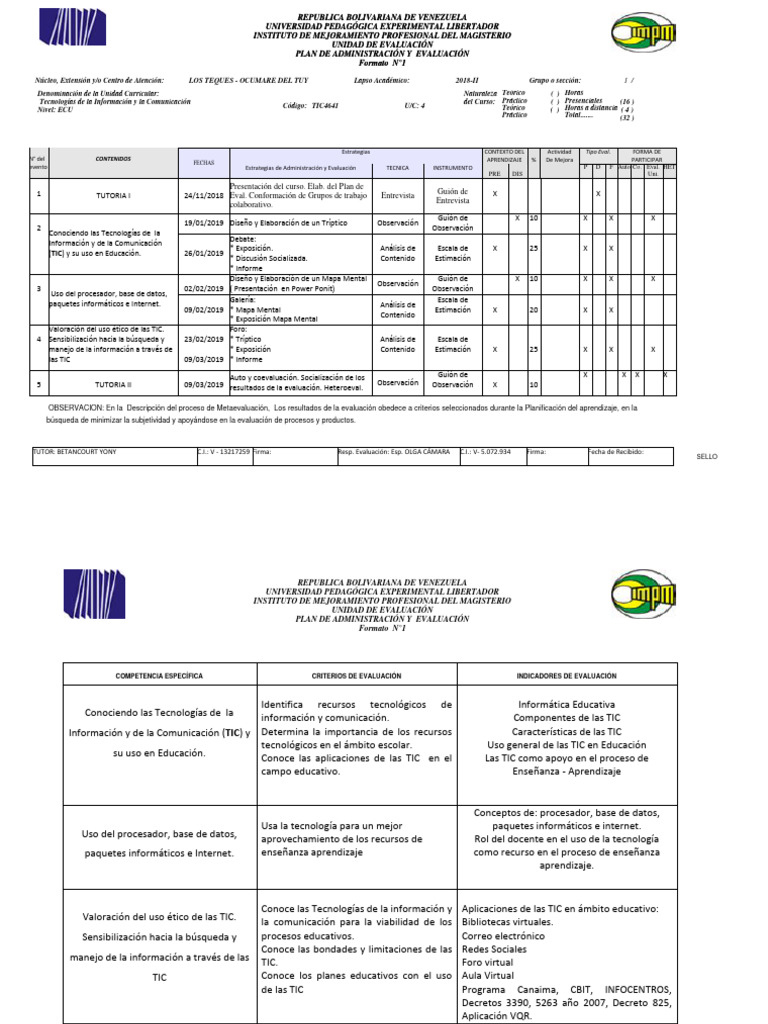 Plan de Eval. UPEL - IMPM Primaria 2018 II Prof - Yony | PDF ...