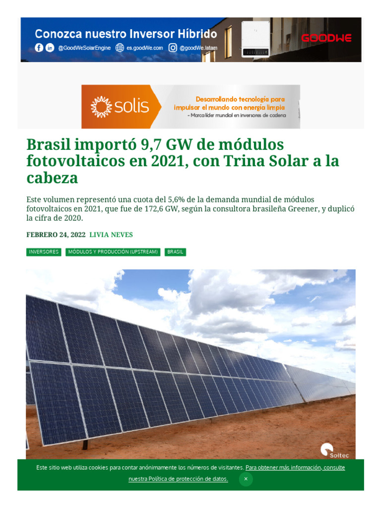 Brasil Importó 9,7 GW de Módulos Fotovoltaicos en 2021, Con Trina Solar a La Cabeza | Descargar ...