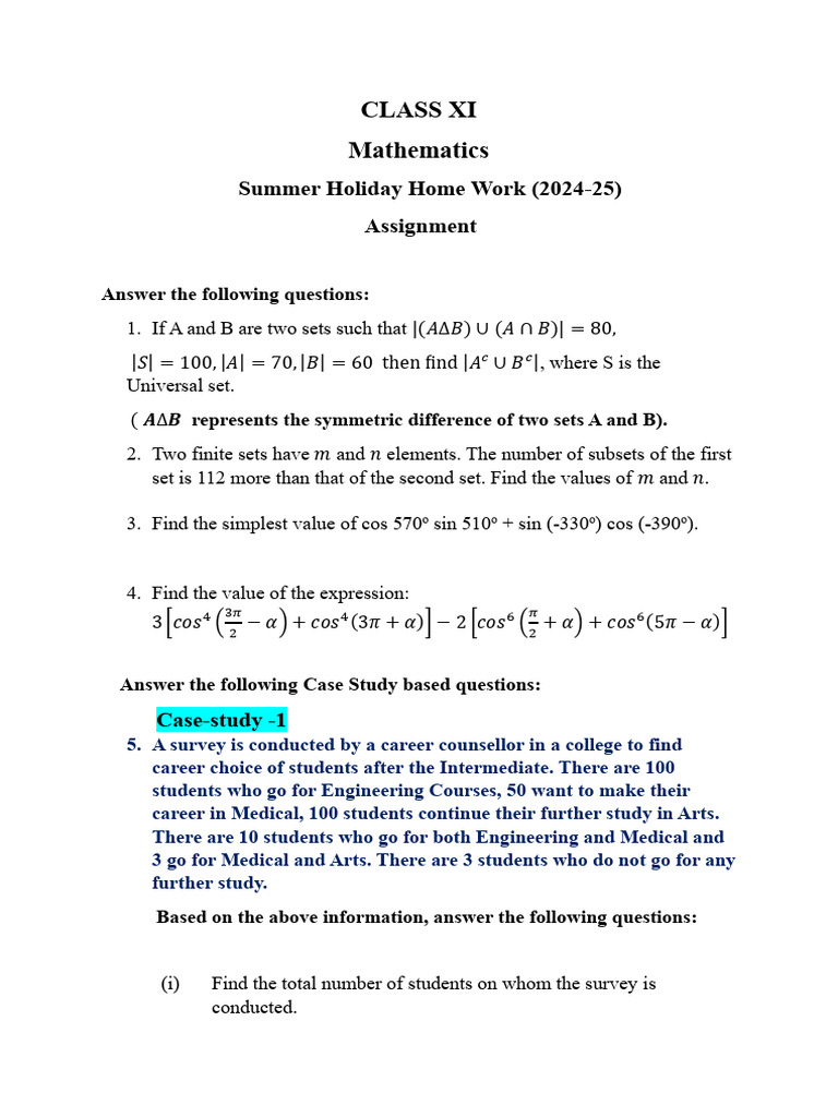 Mathematics HHW XI 24-25 | PDF | Mathematical Objects | Mathematical Analysis