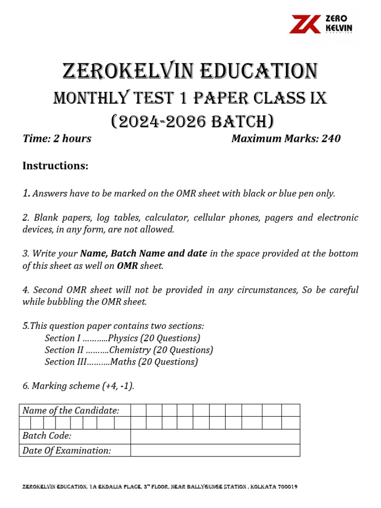 Class IX Monthly Test 1 Paper | PDF | Molar Concentration | Mole (Unit)
