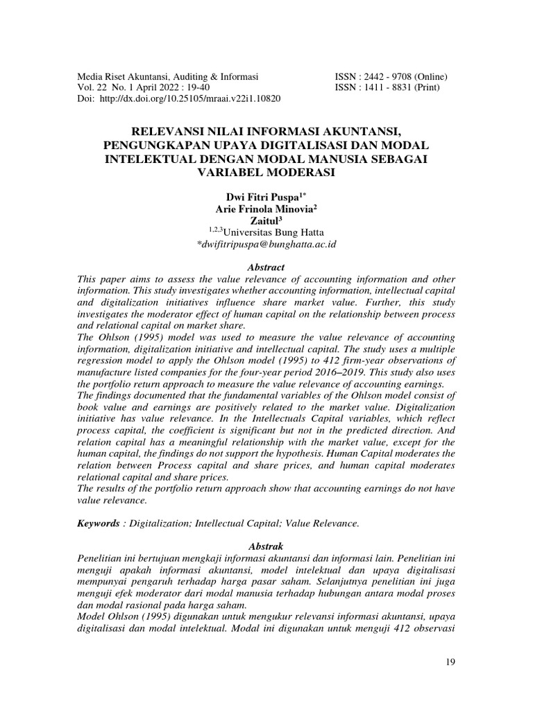 Relevansi Nilai Informasi Akuntansi, Pengungkapan Upaya Digitalisasi Dan Modal Intelektual ...