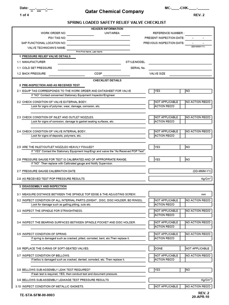 3-Spring Loaded Safety Relief Valve Inspection Checklist | PDF | Valve ...