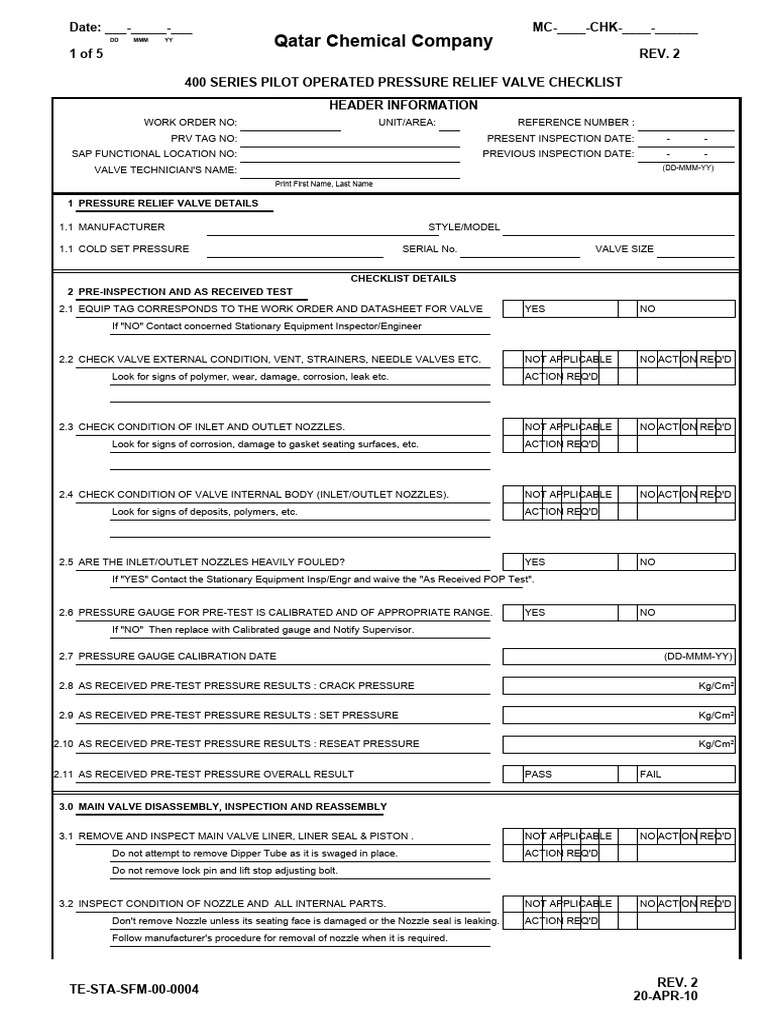 4-400 Series Pilot Operated Safety Relief Valve Inspection Checklist ...