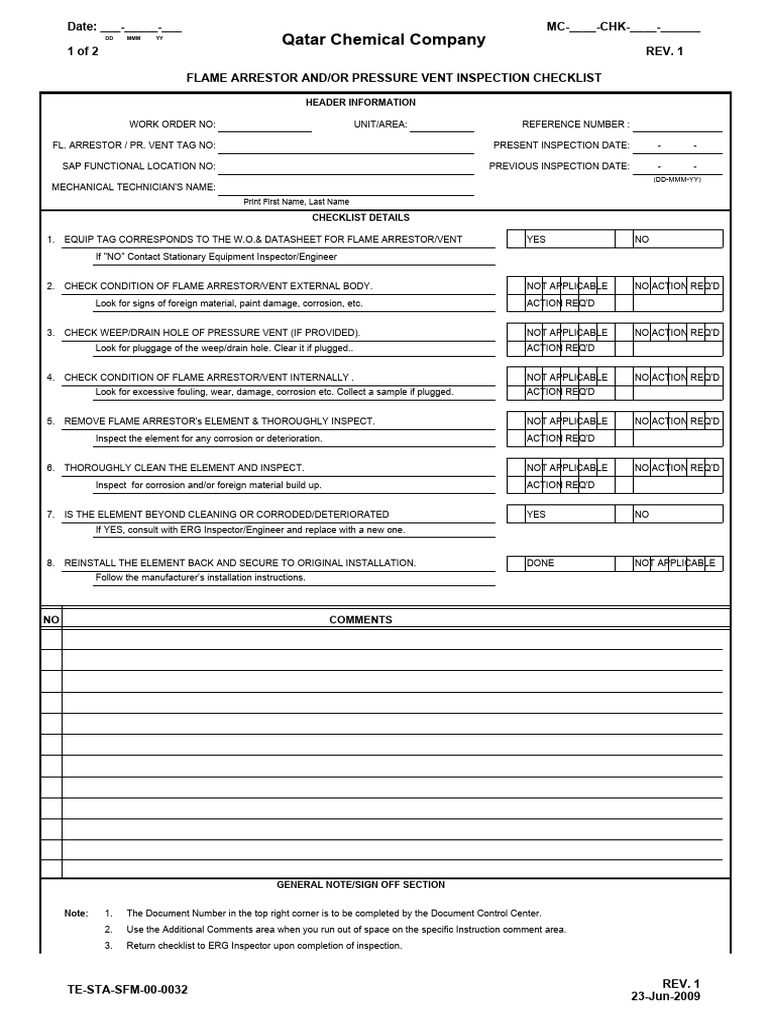 31-Flame Arrestor and Pressure Vent Inspection Checklist | PDF ...