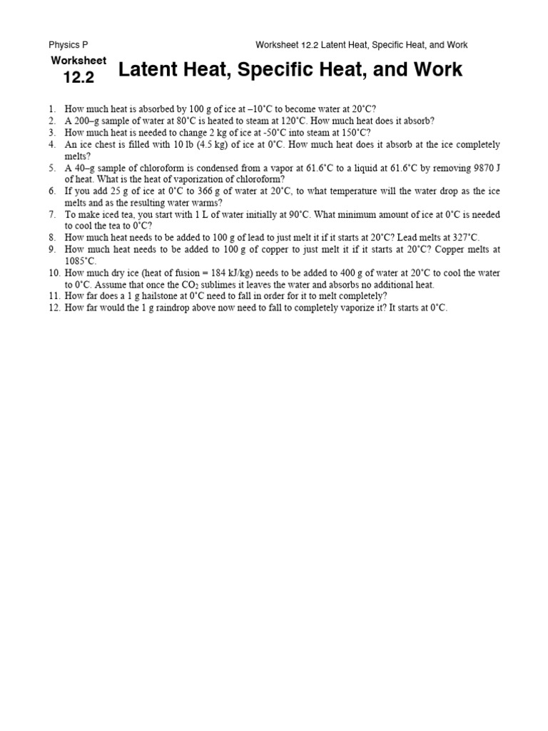 Worksheet 12.2 Latent Heat Specific Heat and Work | PDF | Water | Ice