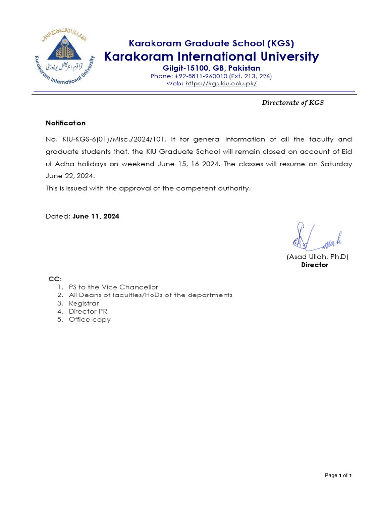 Notification Eid Holidays KGS | PDF