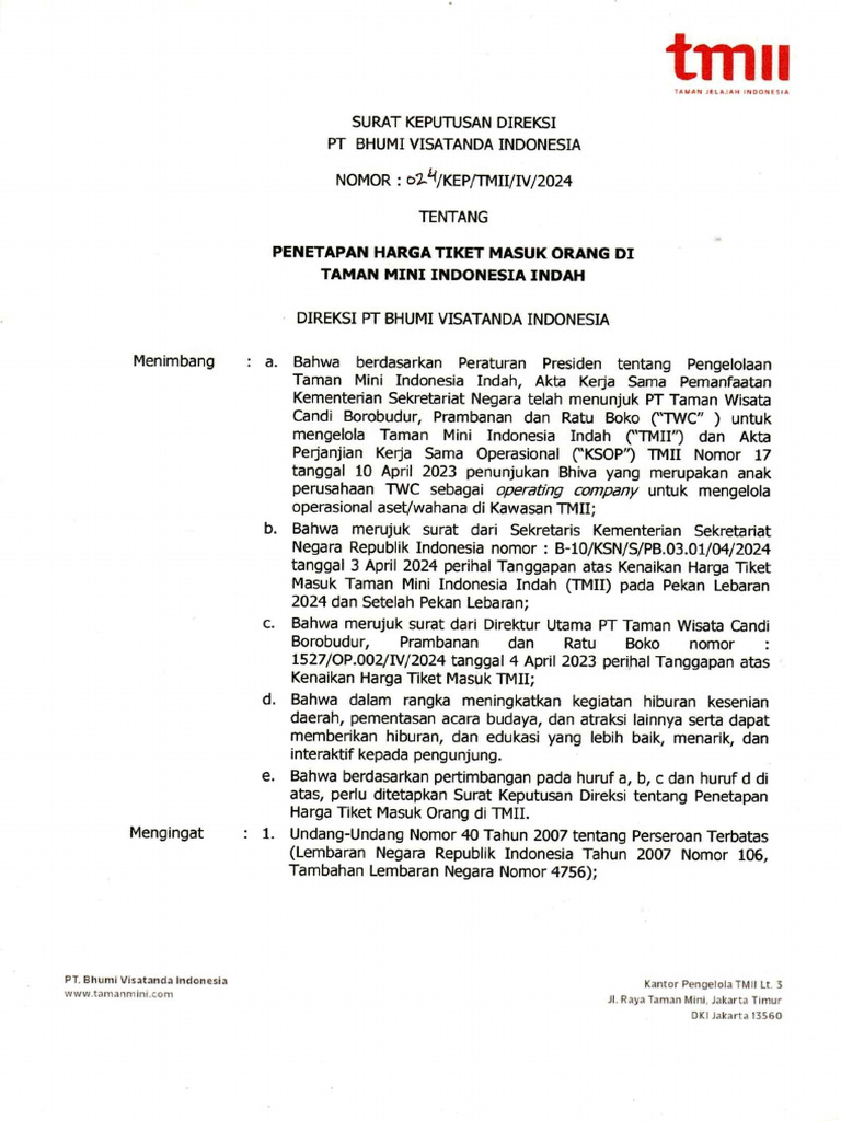 SK Kenaikan Harga Tiket Masuk Orang Tmii | PDF