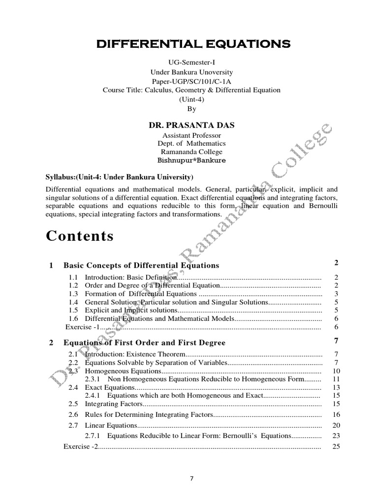 Differential Equation Prog - Dr. Prasanta Das | PDF | Equations | Ordinary Differential Equation
