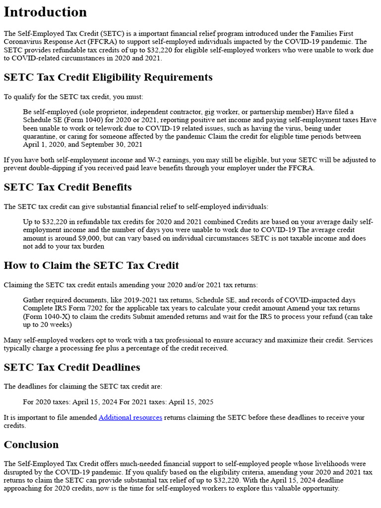 SETC Tax Credit Guide 130316 | PDF | Self Employment | Small Business & Entrepreneurs