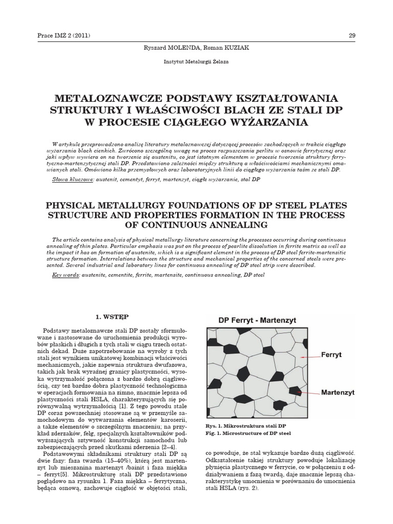 Metaloznawcze Podstawy Ksztaltowania Struktury I Wlasciwosci Blach Ze Stali DP W Procesie ...