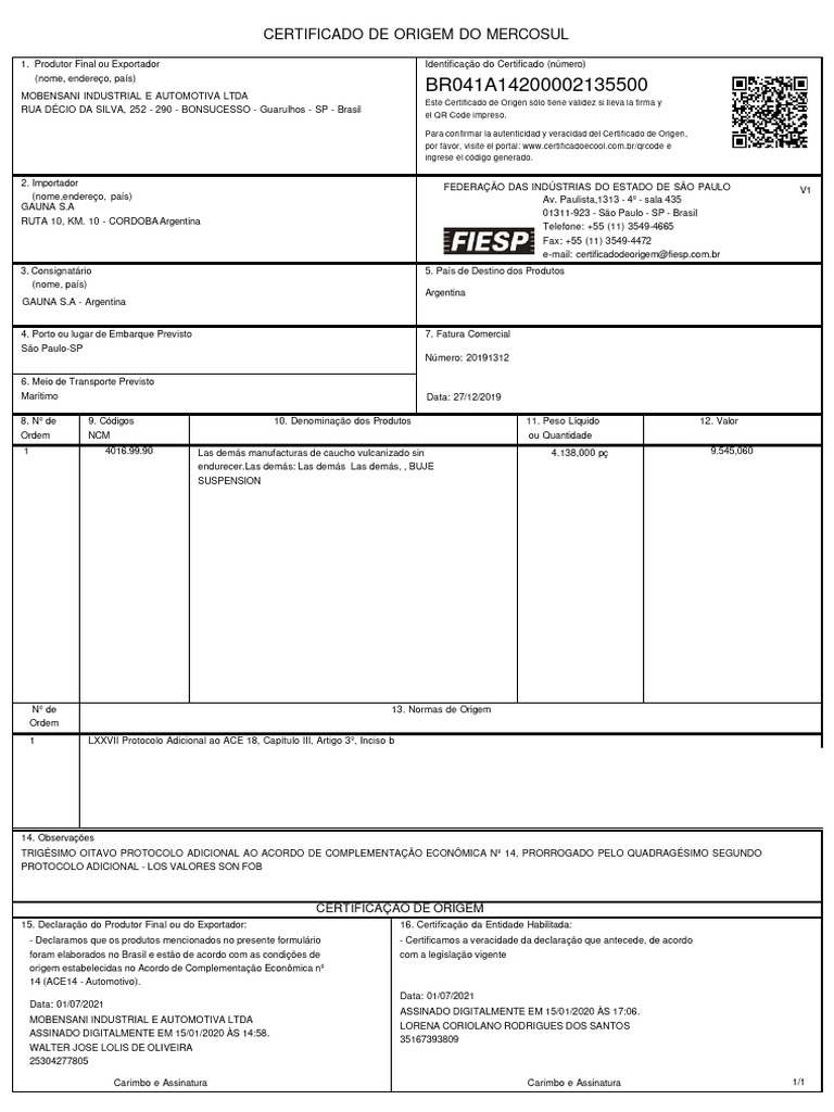 Certificado de Origen | PDF