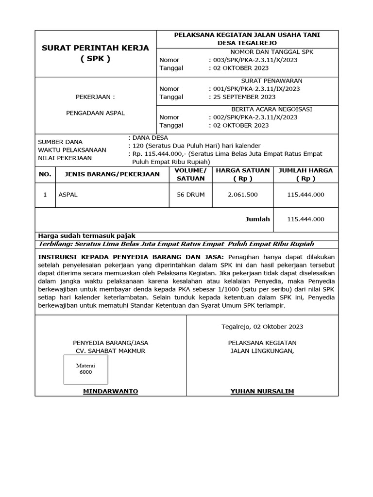 Contoh Surat Perintah Kerja SPK | PDF