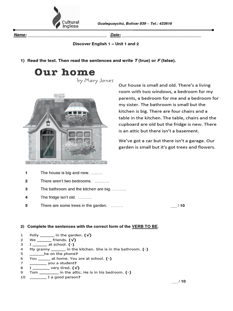Discover English 1 TEST 1 (Unit 1 and 2) - Final Version | PDF