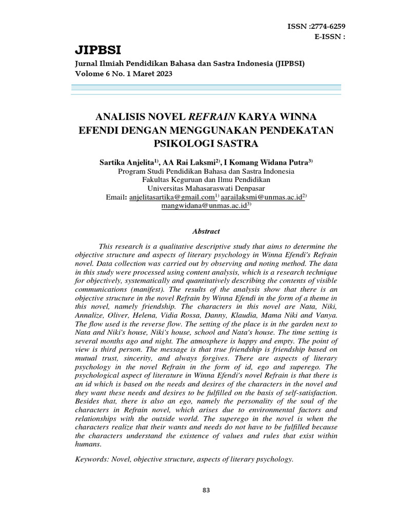 Analisis Psikologi Sastra Novel Refrain | PDF | Fiksi Umum