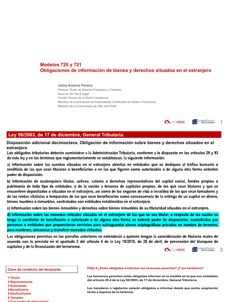 Modelos 720 y 721 Obligaciones de Información de Bienes y Derechos Situados en El Extranjero ...