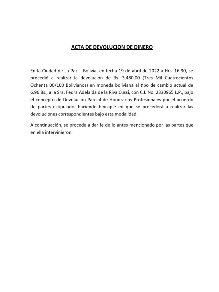 Acta de Devolucion de Dinero 19-04-2022 | PDF