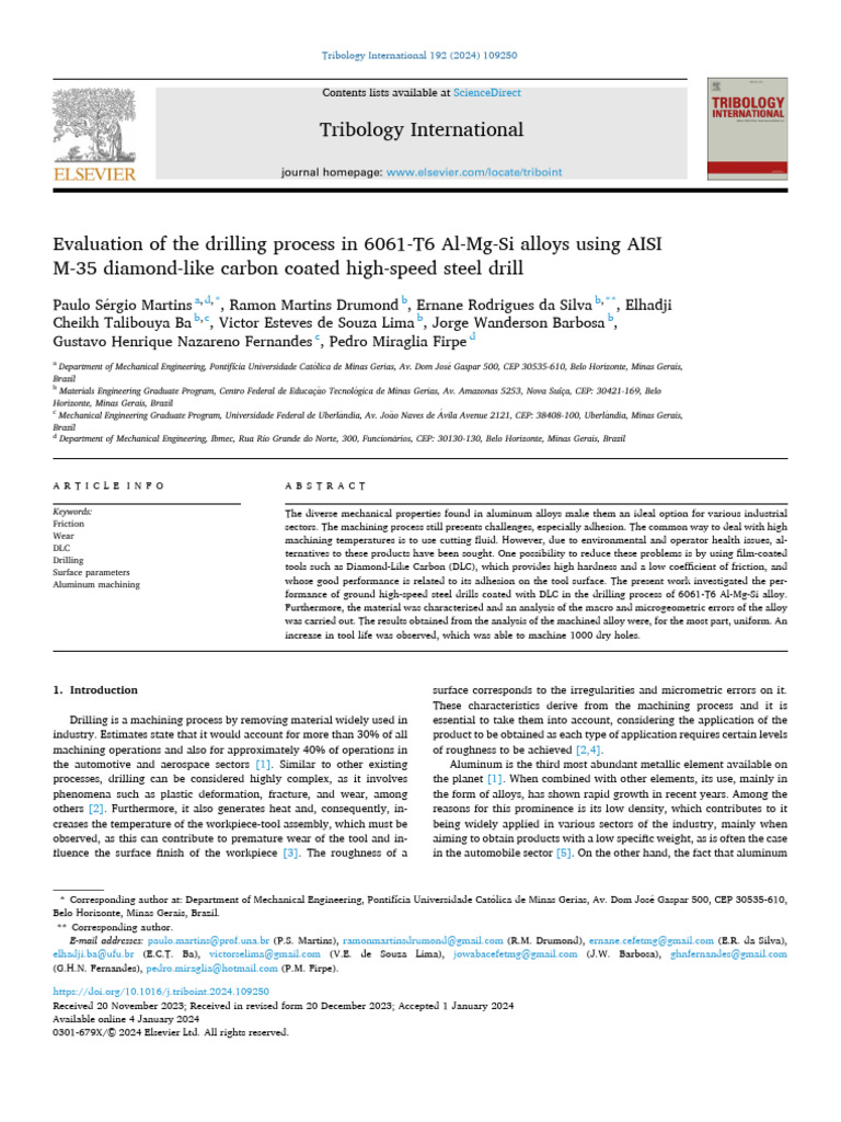 Evaluation Of The Drilling Process In 6061 T6 Al Mg Si Alloys Using Aisi 1 2 1 Pdf