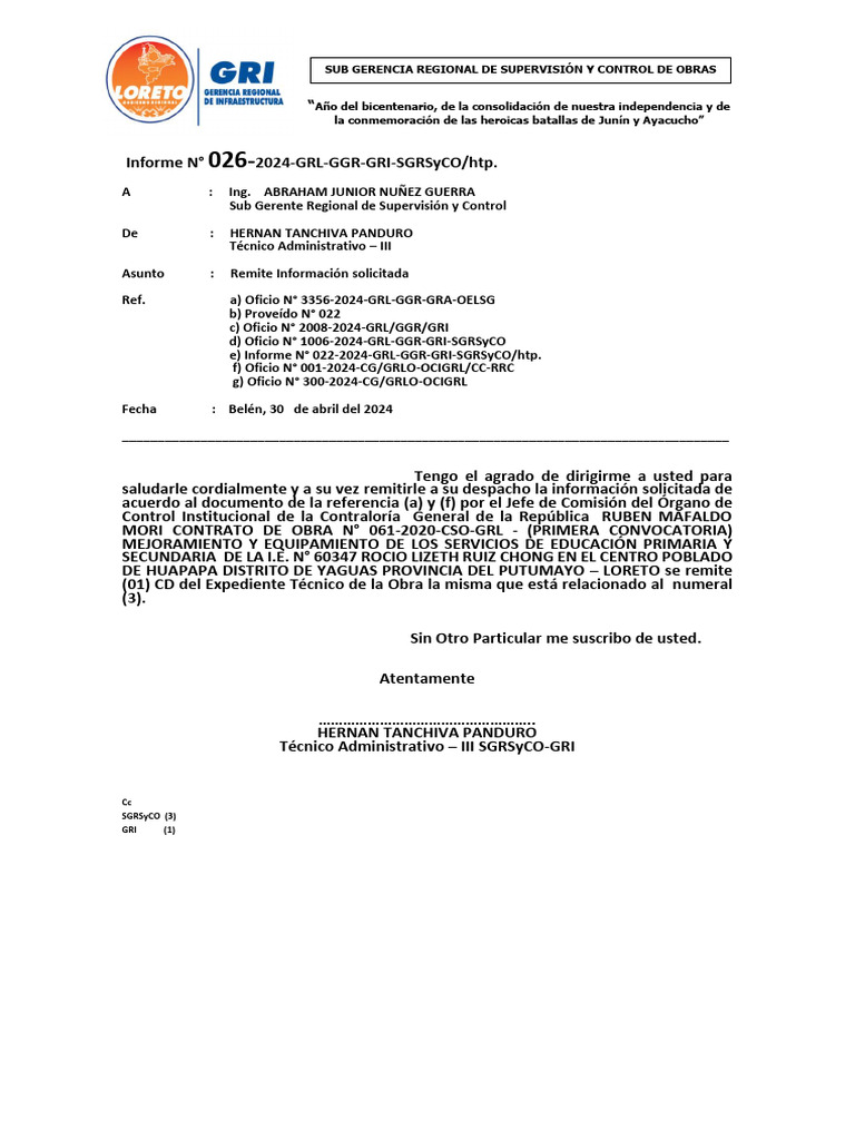 INFORME N°026-2024-GRL-GRI-SGSyC - ANDOAS | PDF