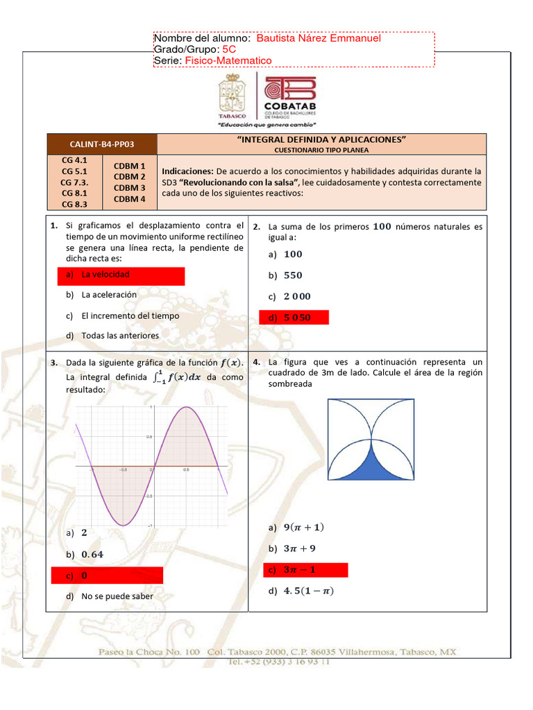Cuestionario Tipo Planea | PDF | Integral | Matemáticas