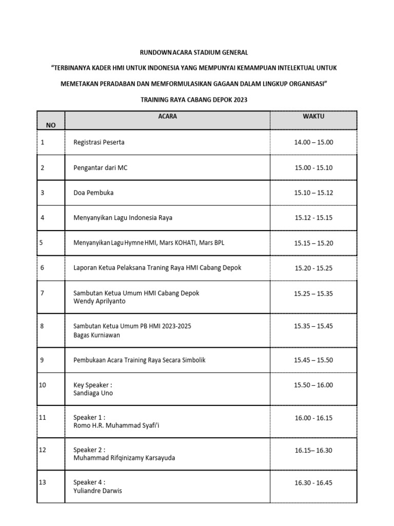 Rundown Acara Stadium General Training Raya Cabang Depok | PDF