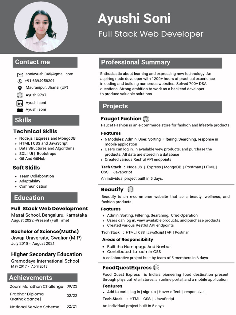 Ayushi Soni Resume | PDF | Java Script | Web Development